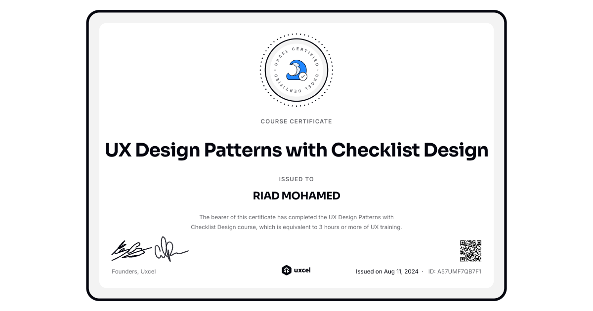 Certificate of completion for UX Design Patterns with Checklist Design | Uxcel